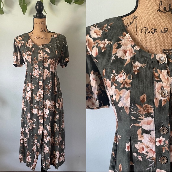 Vintage | Dresses | Vintage 9s Sage Green Floral Button Front Baby Doll ...